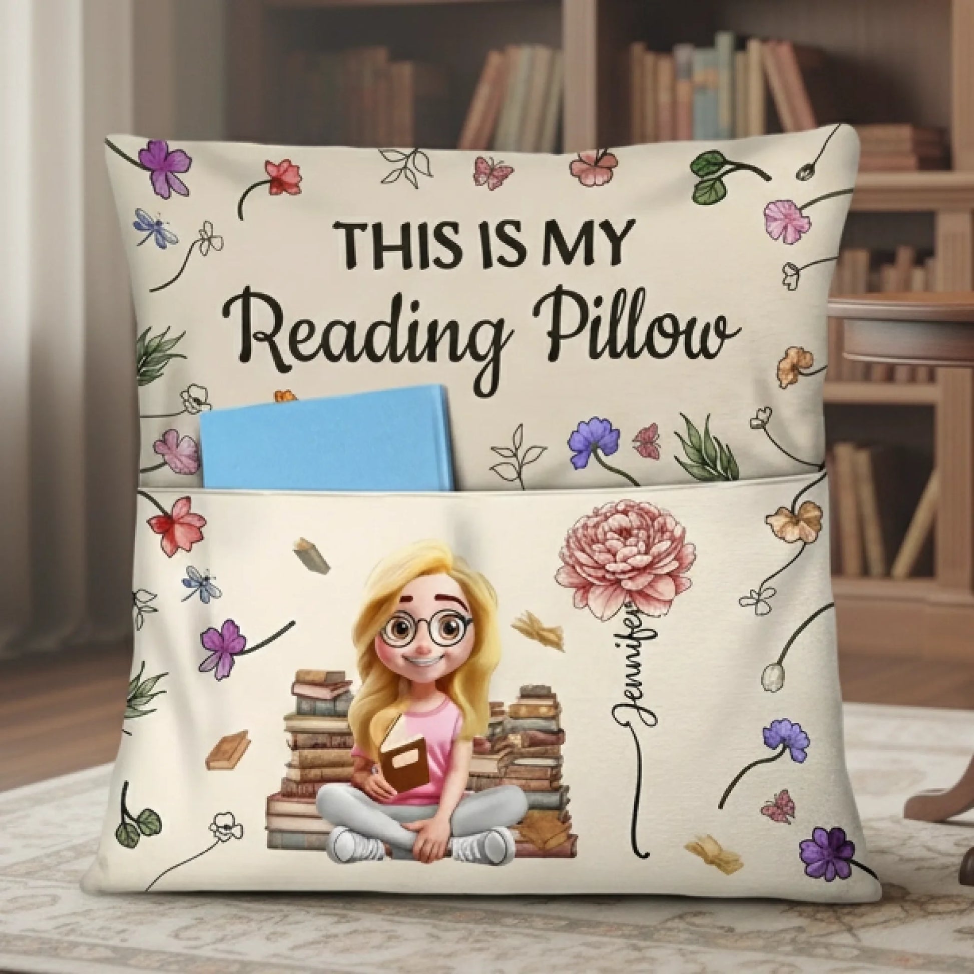 My Reading Pillow Girl with Birth Month Flower – Personalized Pocket R ...